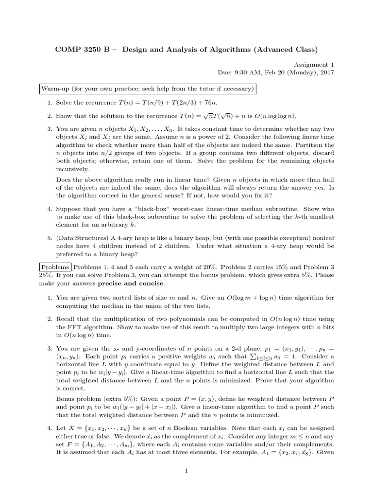 COMP 3250 B - Design and Analysis of Algorithms (Advanced Class) | Download Free PDF | Time ...