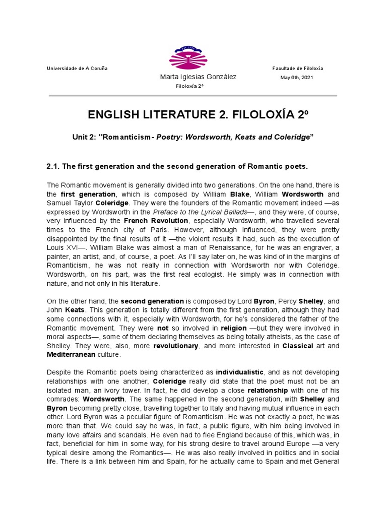 Unit 2 English Literature 2 - Marta Iglesias | PDF | William Wordsworth ...
