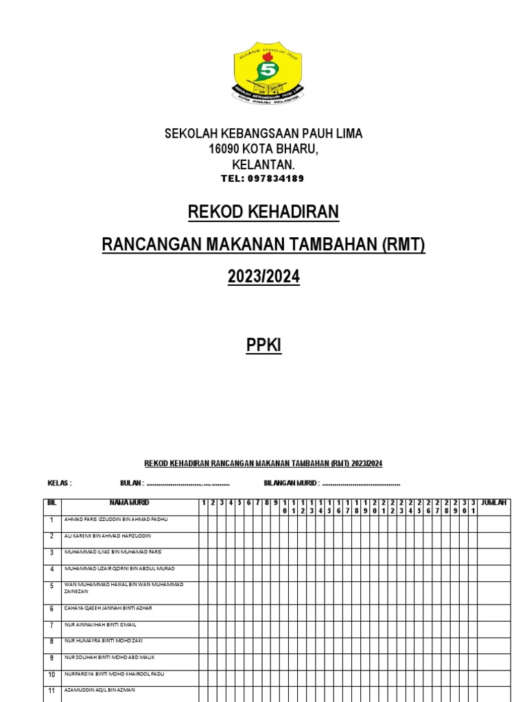 Rekod Kehadiran Rancangan Makanan Tambahan (RMT) 2023/2024: Sekolah ...