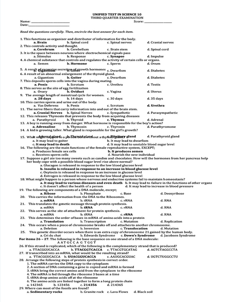 Unified Science 10 Exam: Third Quarter | PDF | Translation (Biology ...