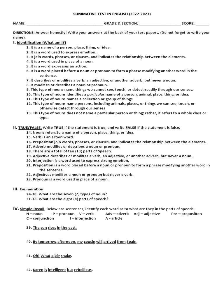 Parts of Speech Assessment Test | PDF | Noun | Adverb
