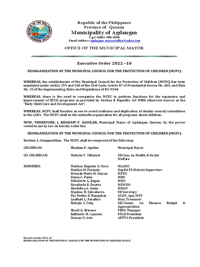 Municipality of Agdangan: Republic of The Philippines Province of ...