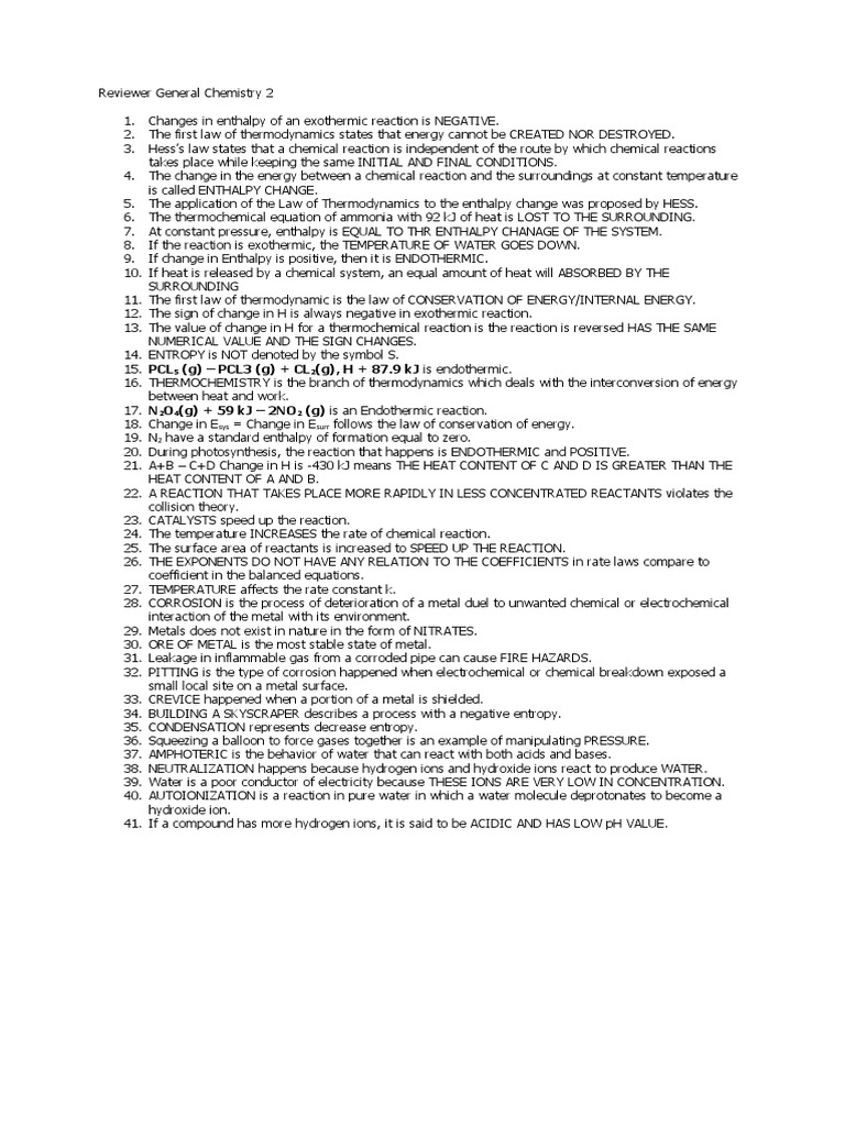 Reviewer General General Chemistry 2 | PDF | Enthalpy | Chemical Reactions