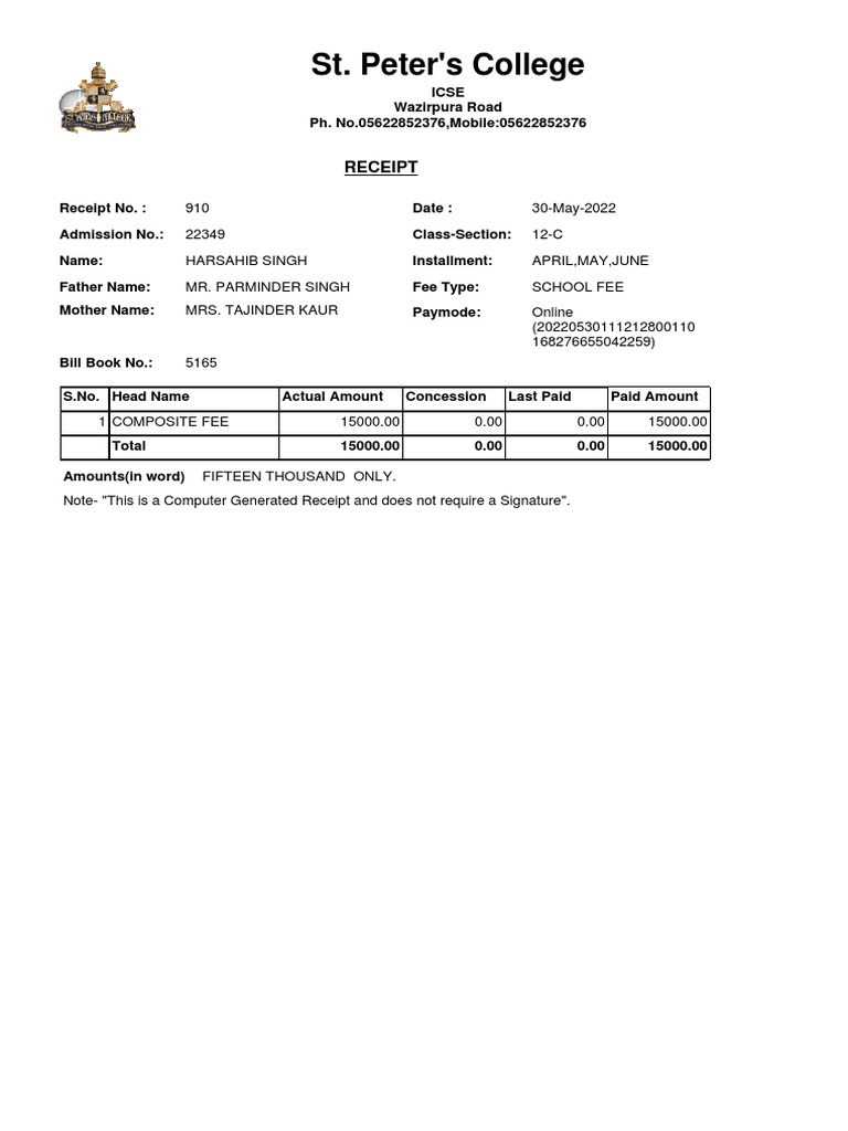 St. Peter's College: Receipt | PDF