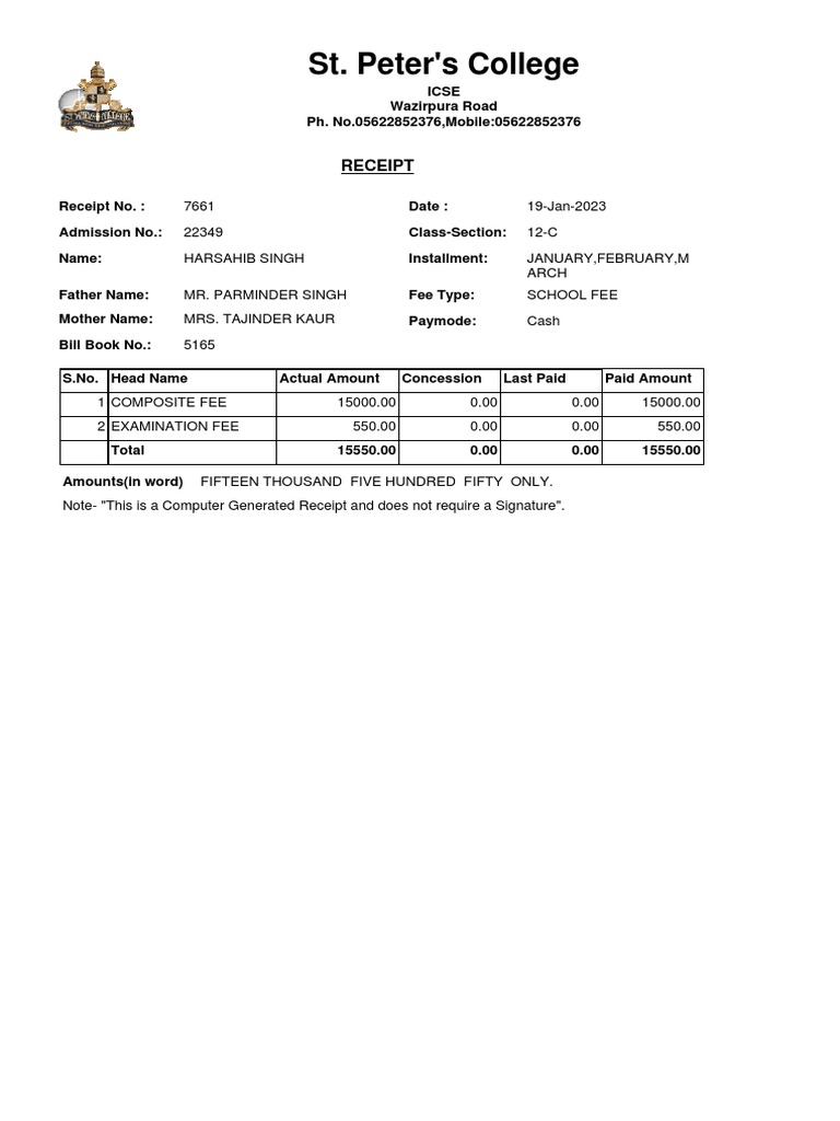 St. Peter's College: Receipt | PDF