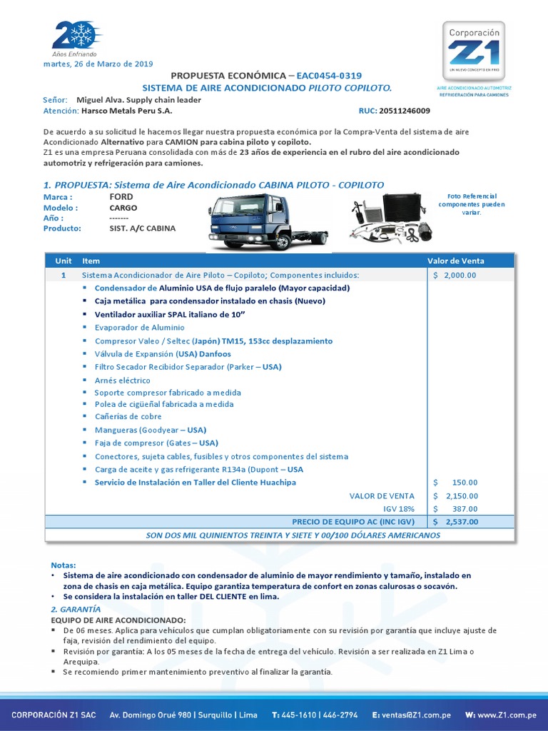 Propuesta A/C para Camiones Harsco | PDF | Aire acondicionado | Bienes ...