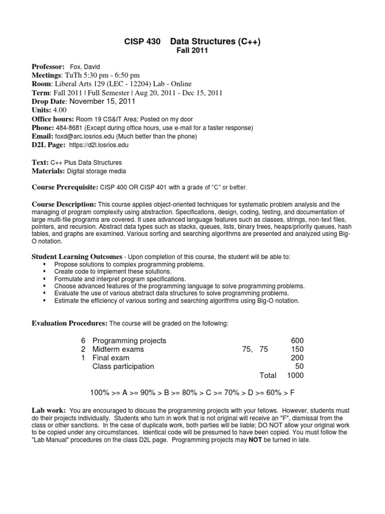 CISP 430 - Data Structures | PDF | Data Structure | C++