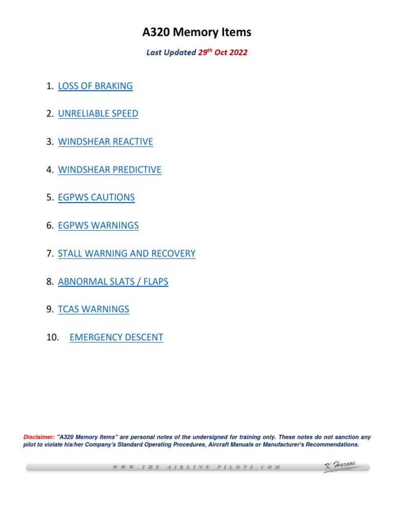 A320 Memory Items | PDF | Takeoff | Transport Safety