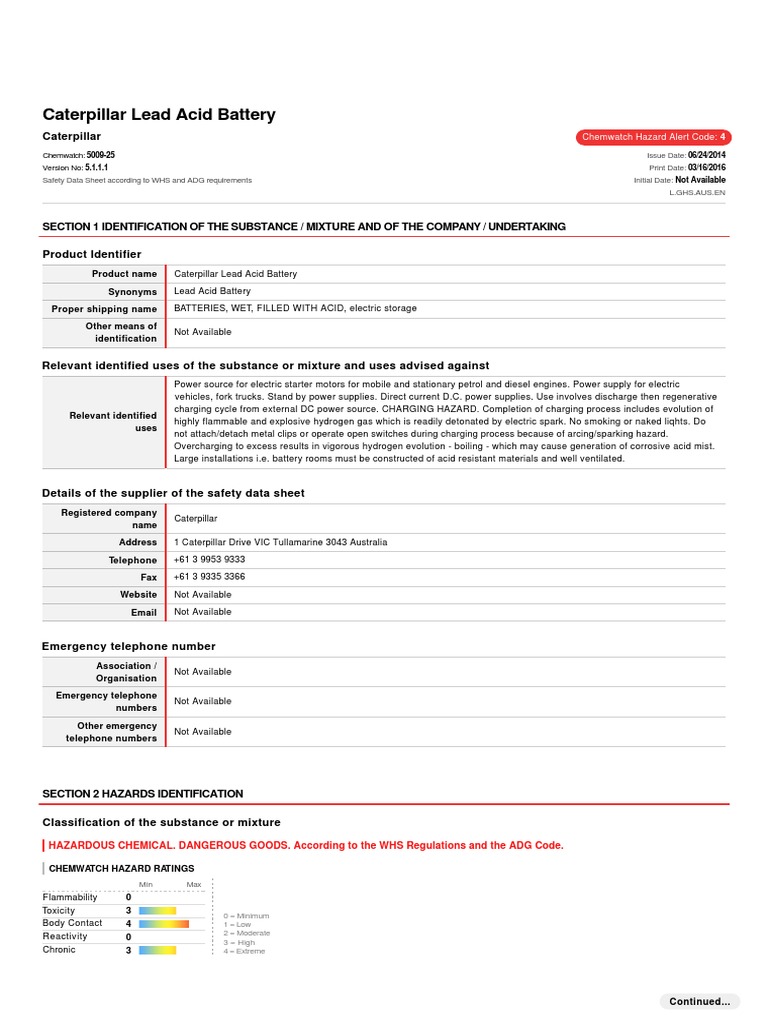 SDS-Caterpillar Lead Acid Battery | PDF | Toxicity | Lead