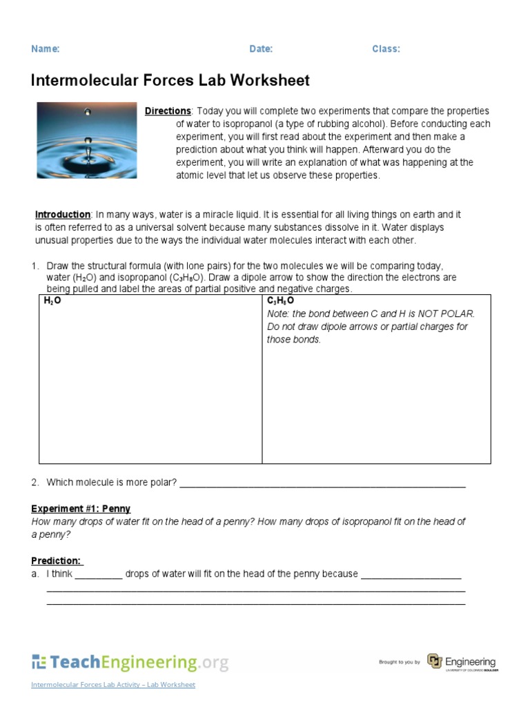 Intermolecular Forces Activity - Worksheet | Download Free PDF ...