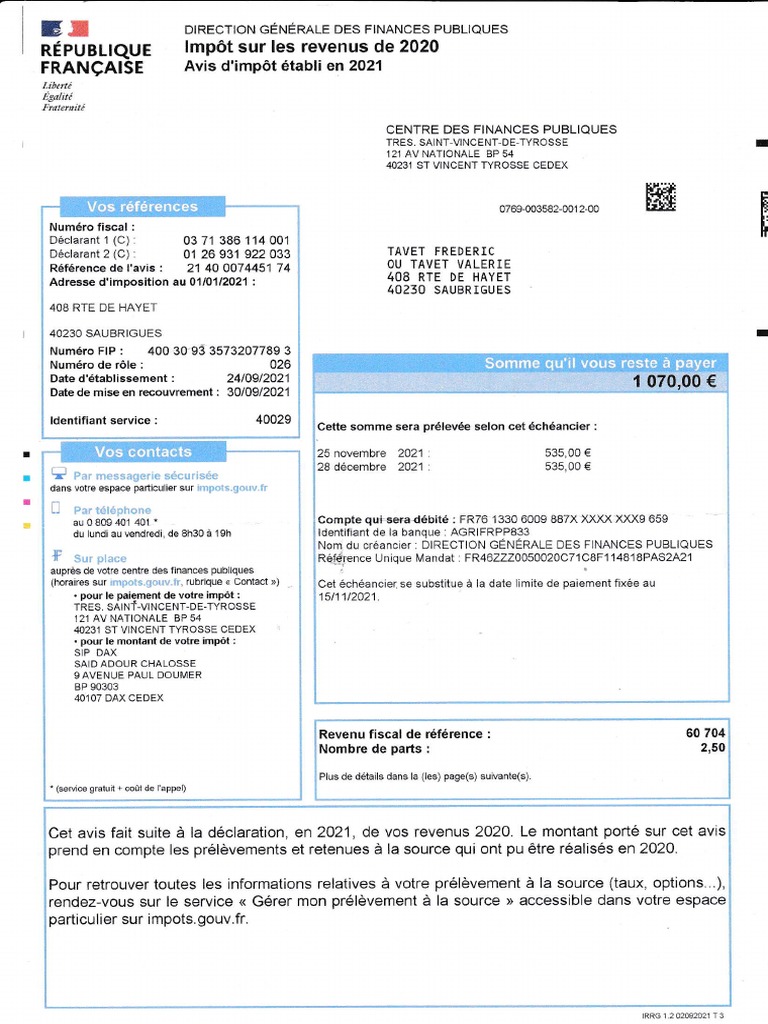 Avis d'impôt 2021 - Revenus 2020 | PDF | Paiements | Économie politique