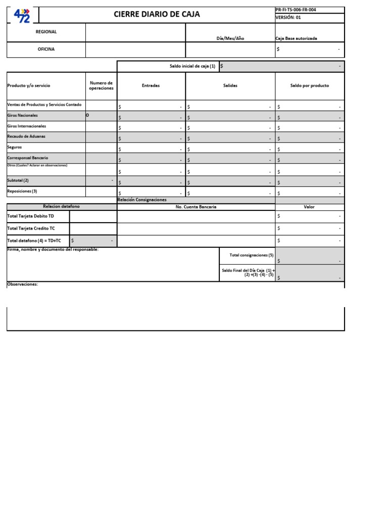 Formato de Cierre de Caja Diario | PDF | Tarjeta de crédito | Tarjeta de débito