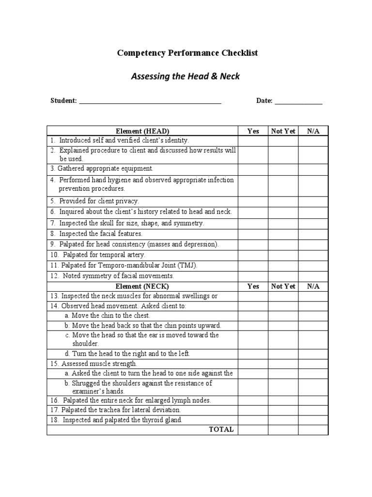 Performance Checklist - Assessing The Head & Neck-1-1 | PDF | Neck ...