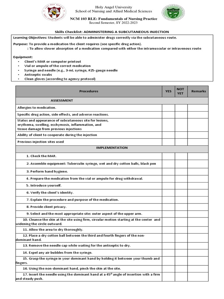 SQ Skills Checklist | PDF | Injection (Medicine) | Health Care