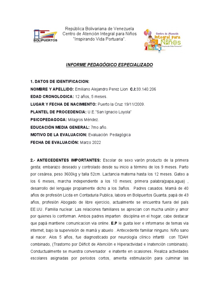 Informe Pedagogica Especializadoode Emiliano Perez | PDF | Desorden ...