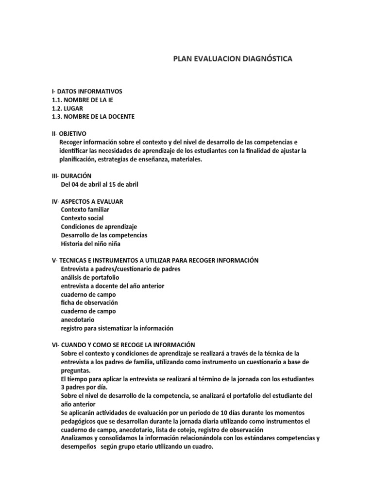 Plan de Evaluacion Diagnostica | PDF | Evaluación | Aprendizaje