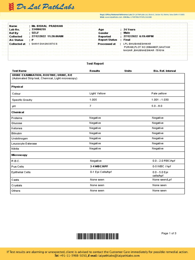 Mr. Bishal Pradhan's Urine Examination and Widal Test Results providing ...
