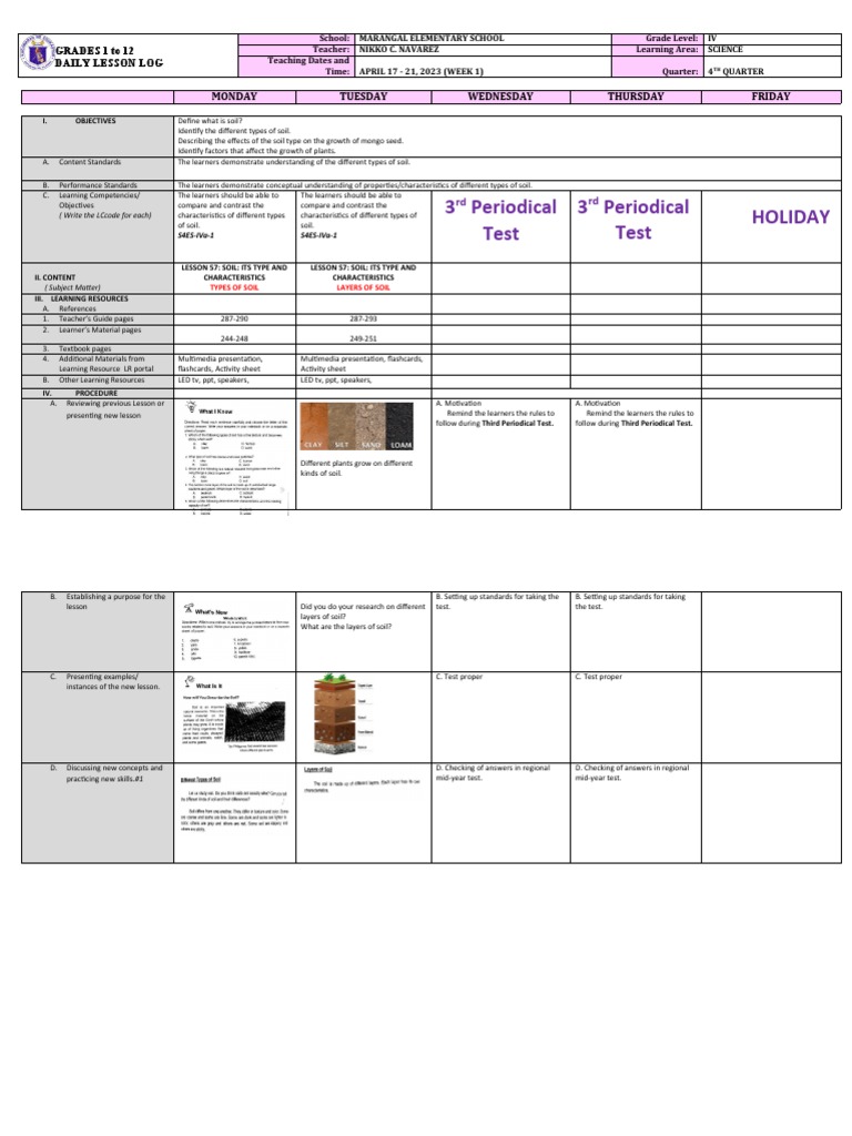 DLL - Science 4 - Q4 - W1 | PDF | Soil | Learning