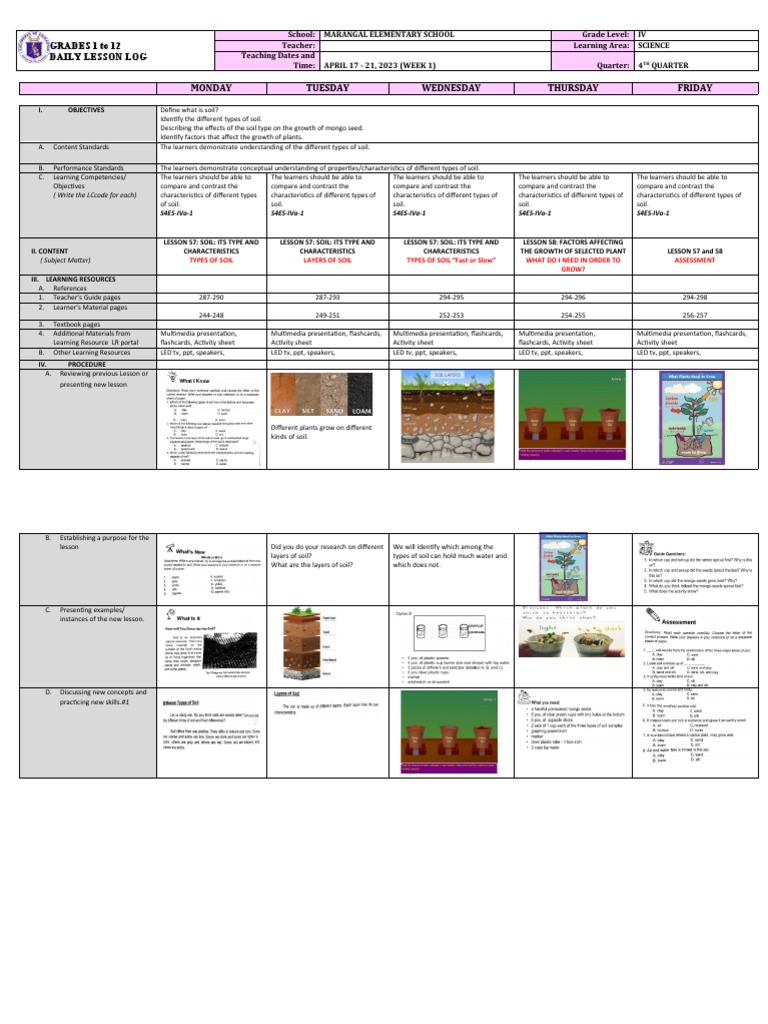 DLL - Science 4 - Q4 - W2 | PDF | Learning | Soil