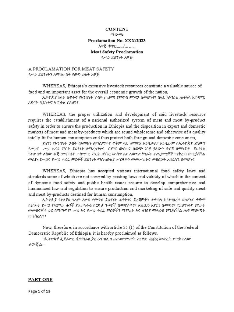 Content Proclamation No. XXX/2023 Meat Safety Proclamation | PDF
