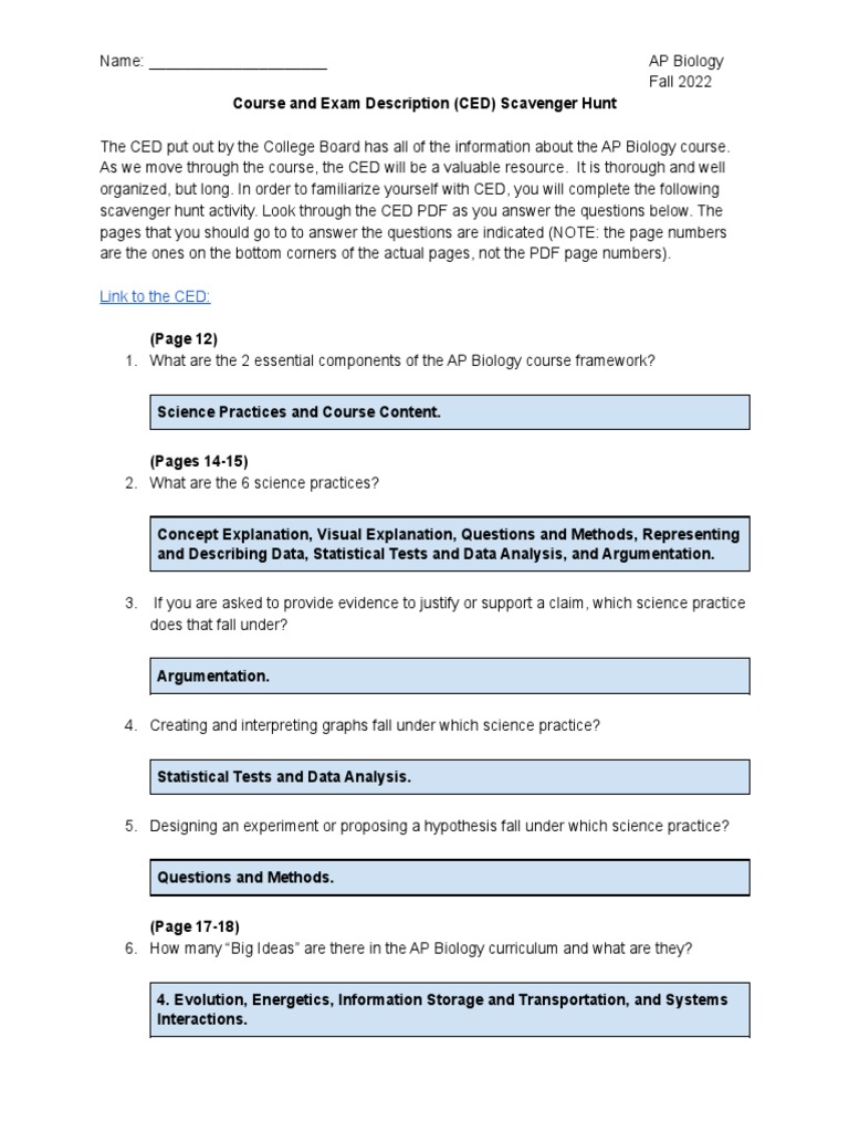 AP Bio CED Scavenger Hunt | PDF | Advanced Placement | Science