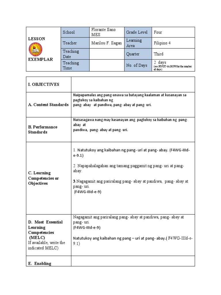 LESSON EXEMPLAR FOR COT 3RD Filipino | PDF