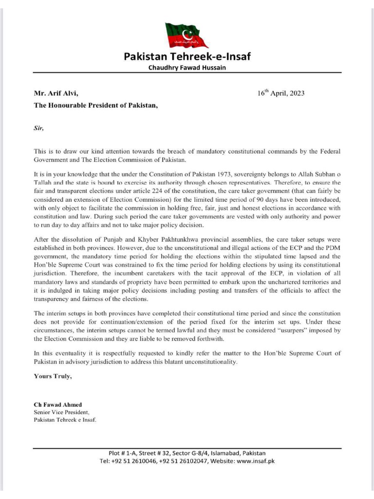 PTI Letter To President Arif Alvi | PDF