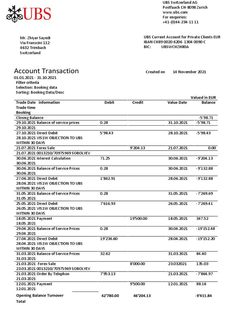 Account Transaction | PDF | Debits And Credits | Ubs