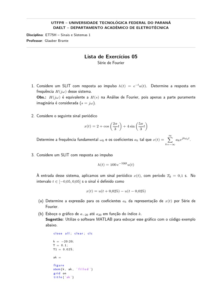 Exercicios 05 | PDF | Transformada de Fourier | Séries de Fourier