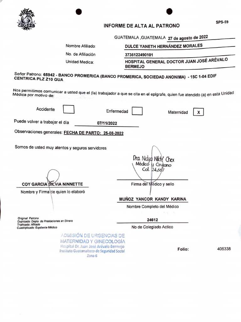 Dra Chex: Informe de Alta Al Patrono | PDF