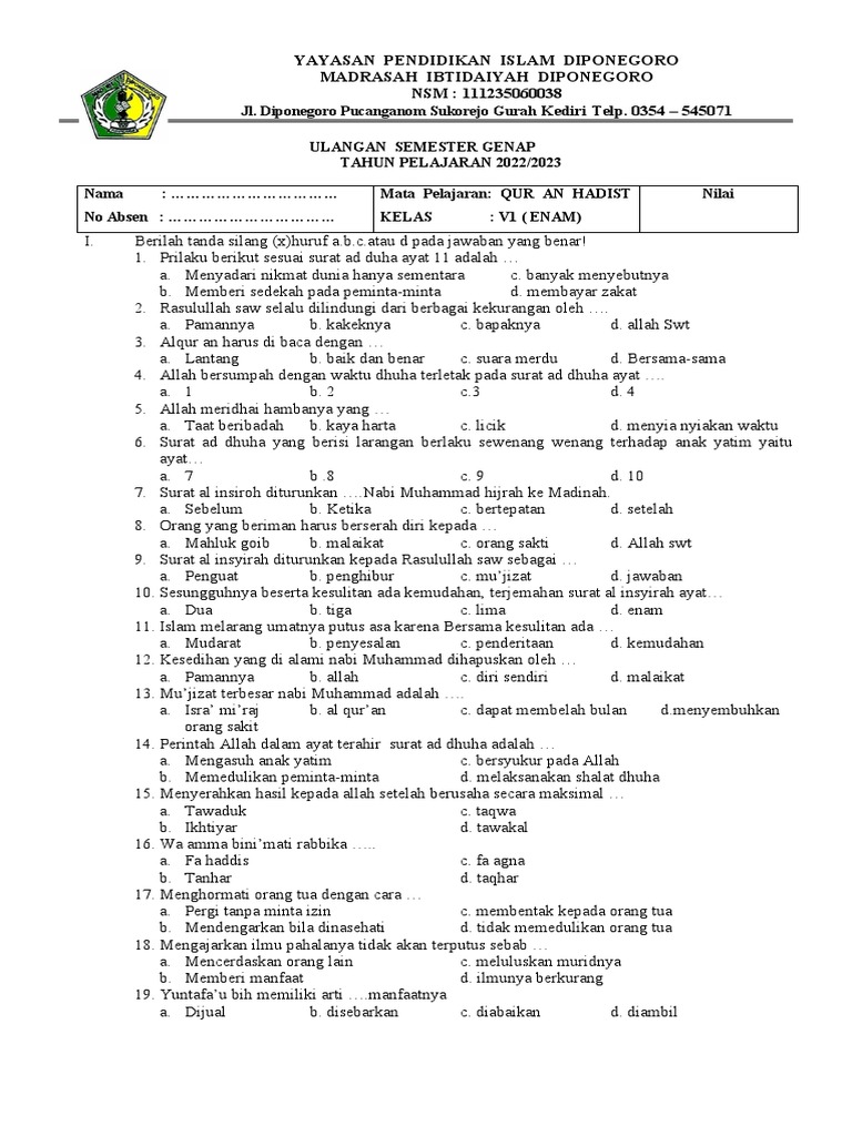 Soal PAT Kelas 6 | PDF