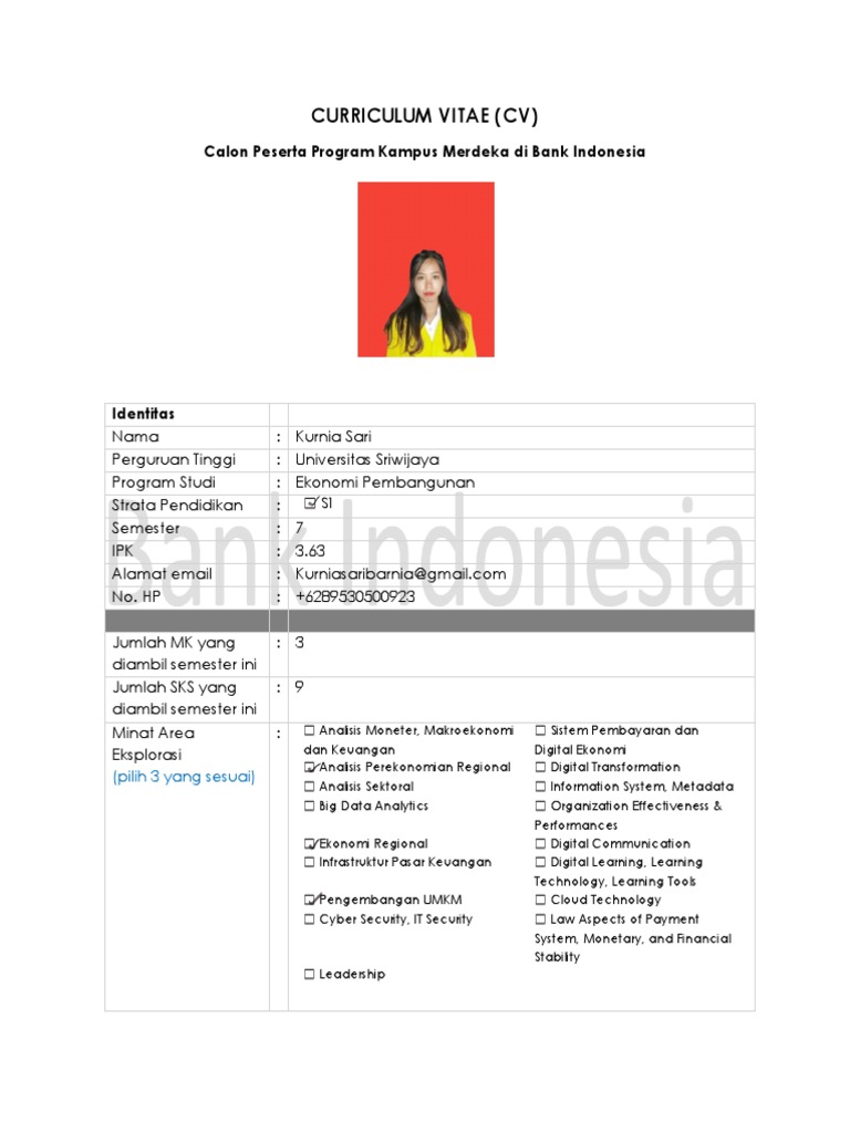 Curriculum Vitae (CV) : Calon Peserta Program Kampus Merdeka Di Bank Indonesia | PDF | Komputer
