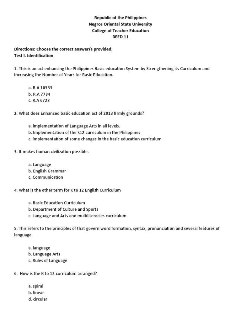 50 Item Test Questions BEED 11 | PDF | Learning | Educational Assessment