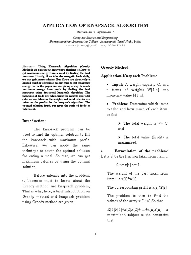 Applcation Of Knapsack Algorithm Pdf Applied Mathematics Teaching