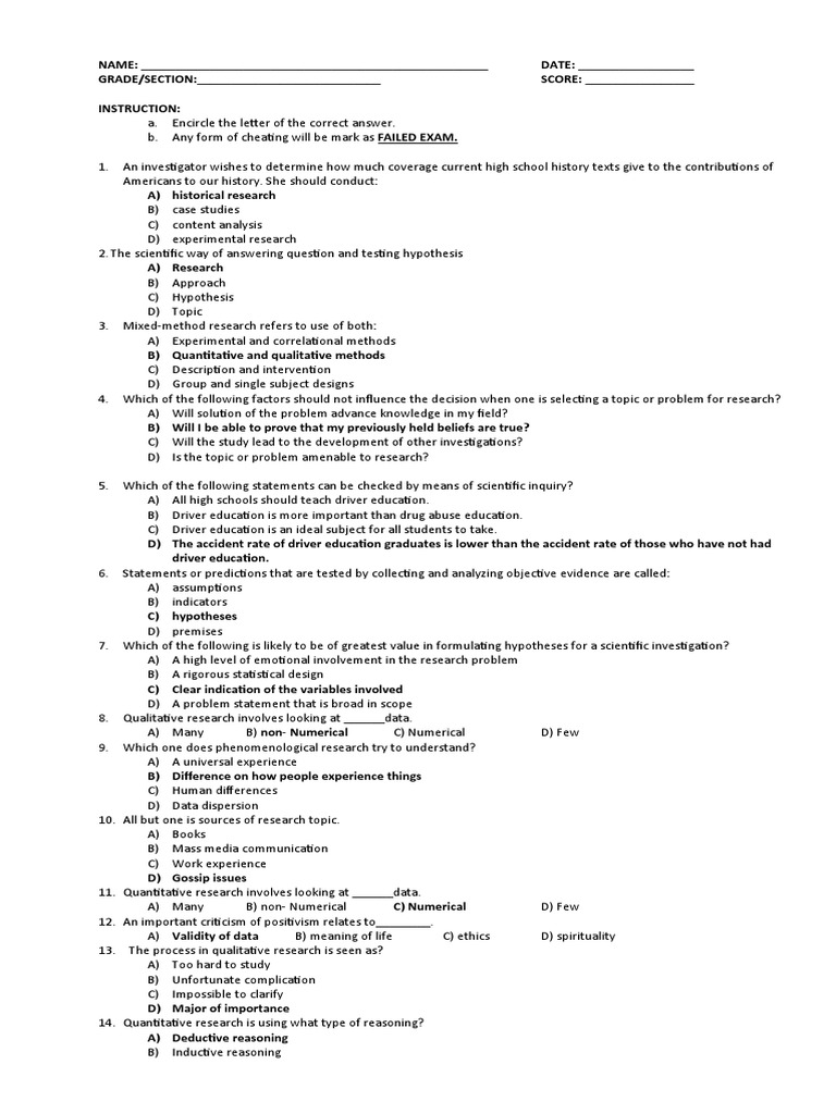 LONG TEST With Answer-Key | PDF | Qualitative Research | Scientific Method