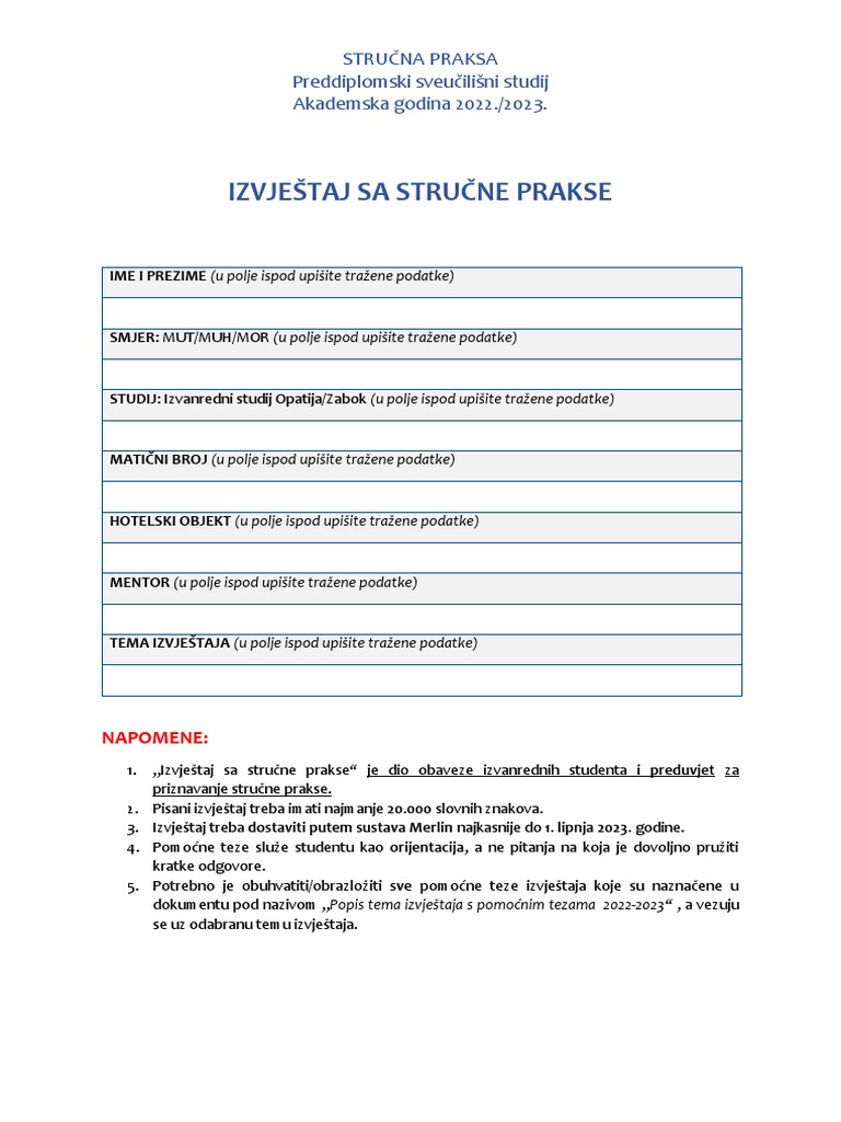 Izvještaj Sa Stručne Prakse: Stručna Praksa Preddiplomski Sveučilišni Studij Akademska Godina ...