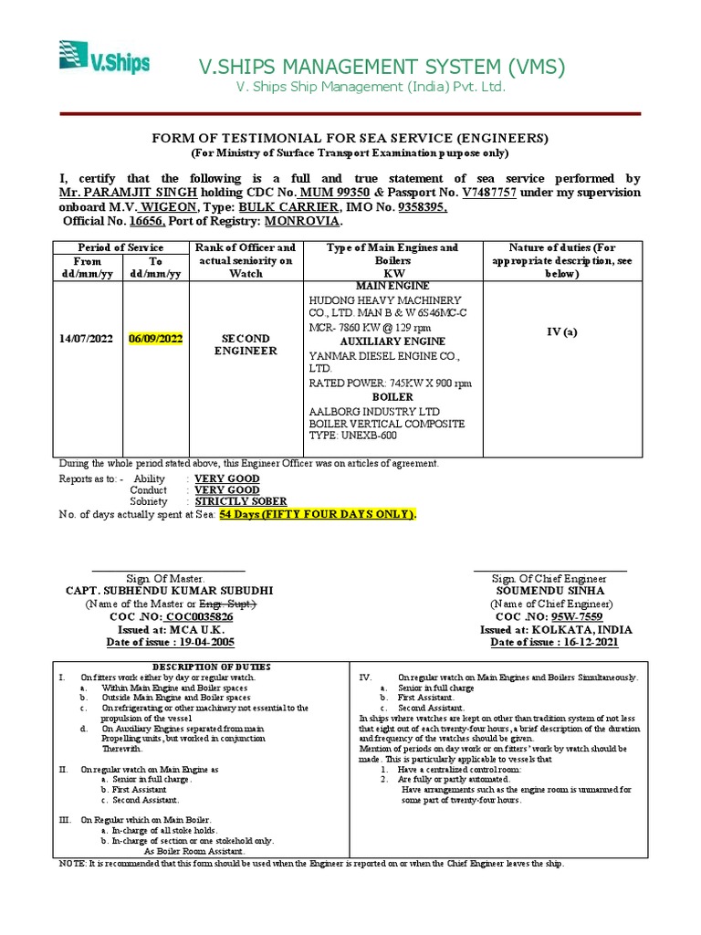 02.sea Service Letter 2ND | PDF | Marine Propulsion | Propulsion