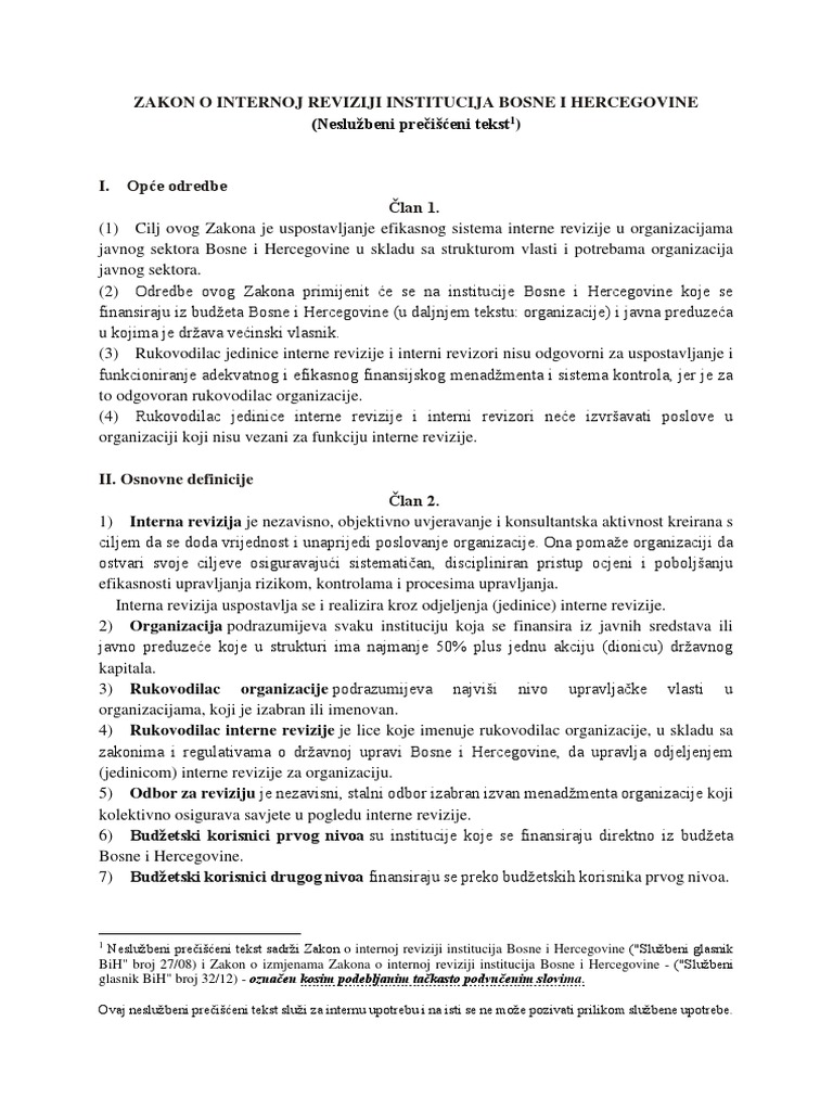 Nesluzbeni Precisceni Tekst - Zakon o Internoj Reviziji Institucija BiH ...