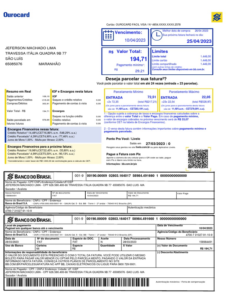 Fatura BB Comp JEFERSON | PDF | Crédito rotativo | Crédito