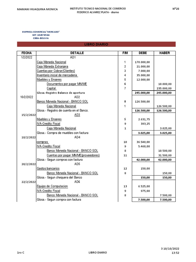 Libro Diario de Empresa Comercial | PDF | Bancos | Moneda