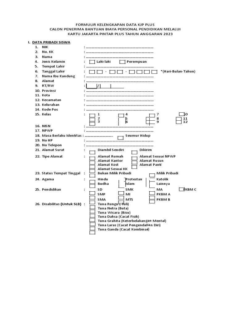Formulir Pendaftaran KJP Plus 2023 | PDF