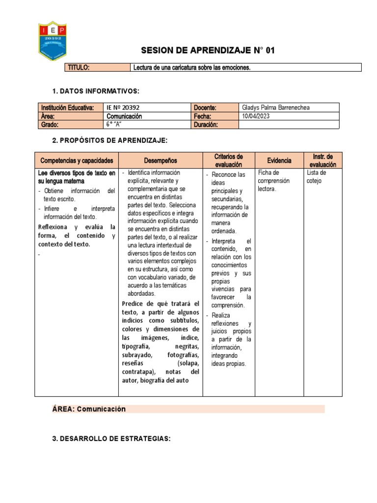 Sesion de Aprendizaje #01: 1. Datos Informativos | PDF | Las emociones | Evaluación