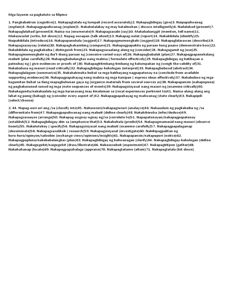 Mga Layunin Sa Pagkatuto Sa Filipino | PDF