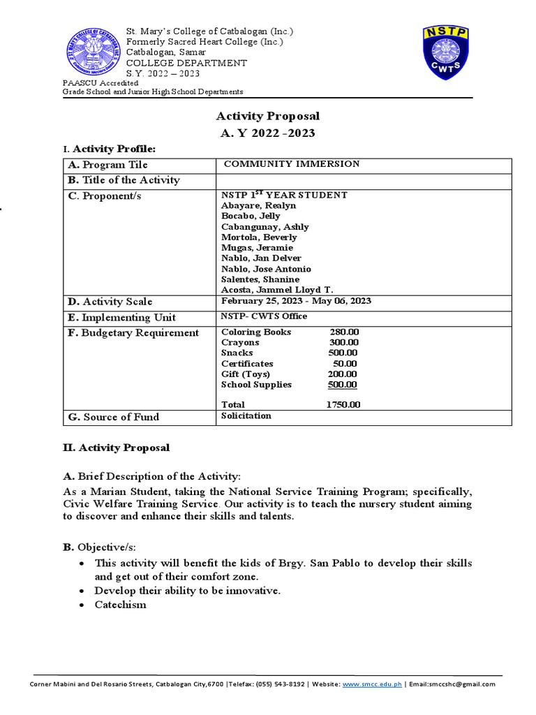 Community Immersion Activity Proposal | PDF