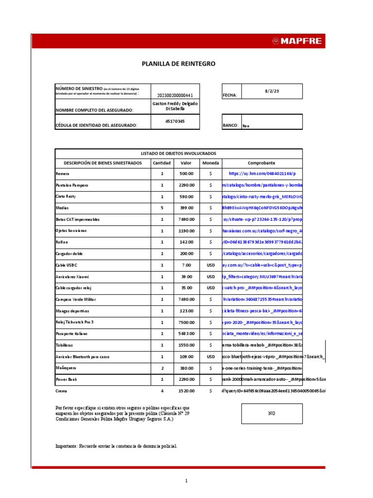 Planilla de Reintegro | PDF | USB