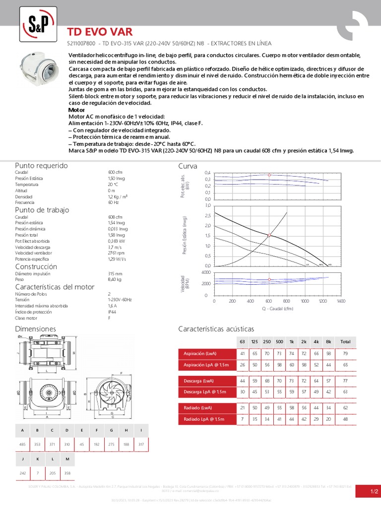 TD EVO-315 VAR (220-240V 5060HZ) N8 (5211007800) - Extractores en Línea-530 | PDF