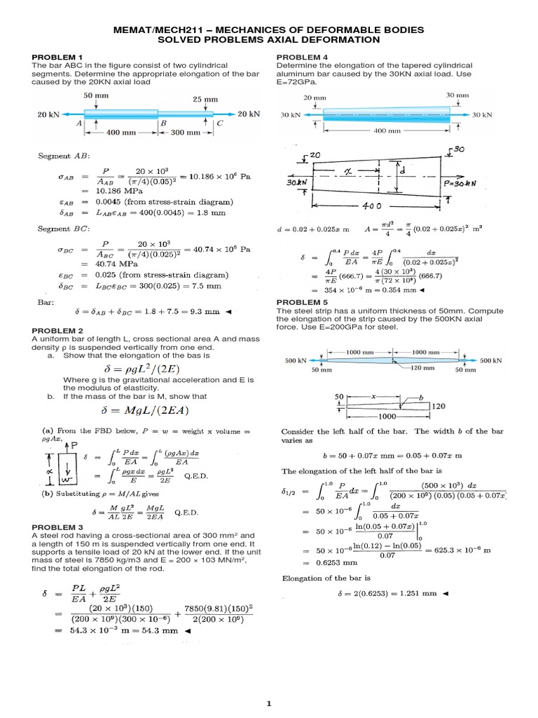 Solved Problems Axial Deformation | PDF | Young's Modulus | Stress ...