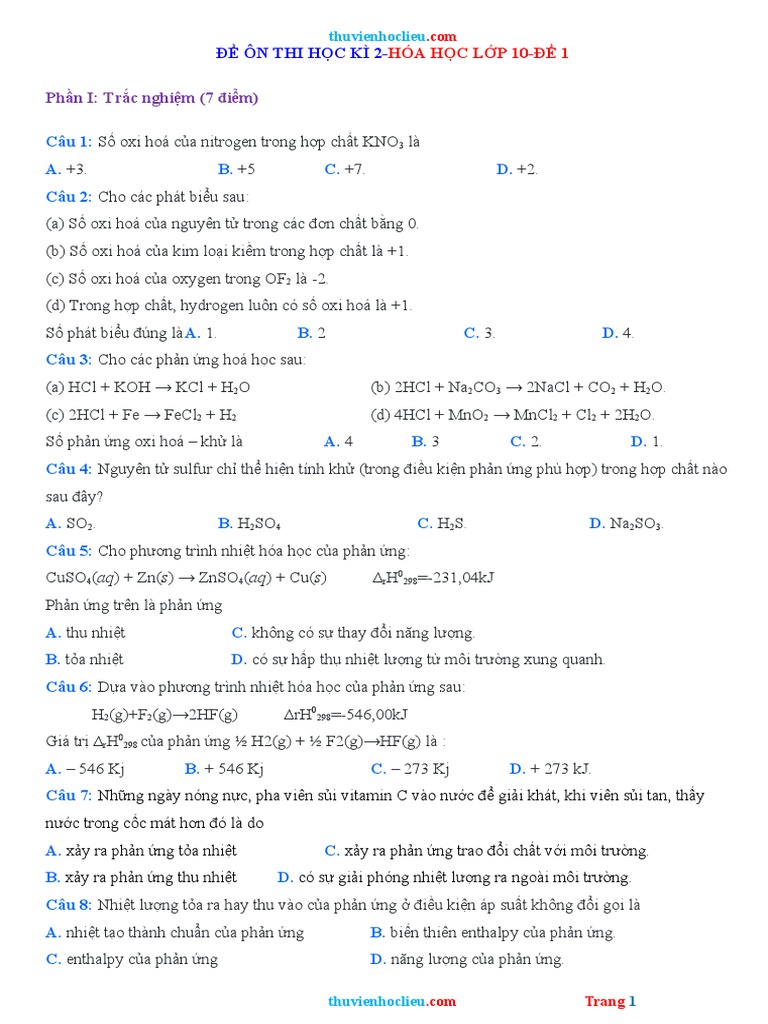Bo de Thi HK2 Hoa 10 CTST | PDF