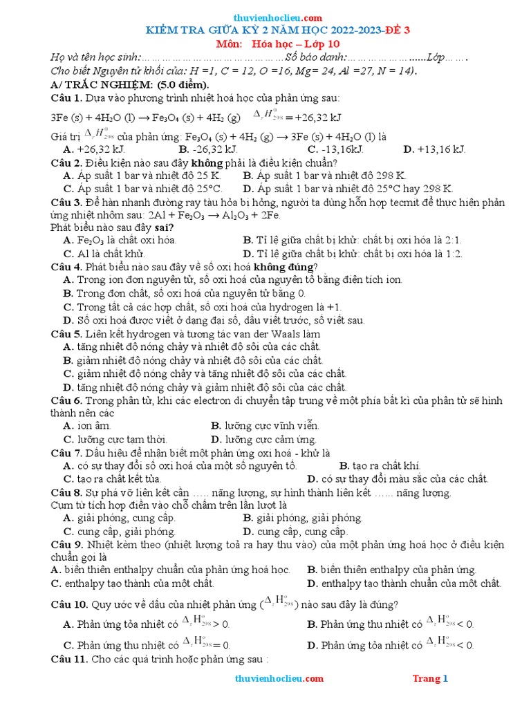 De Kiem Tra Giua HK2 Hoa 10 CTST de 3 | PDF