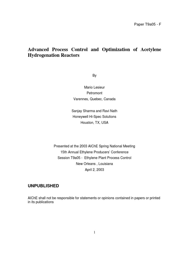 Advanced Process Control and Optimization of Acetylene Hydrogenation ...